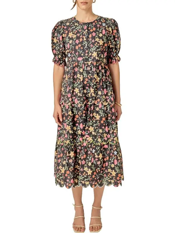 English Factory Floral Print Midi Dress With Scalloped Hem - Black