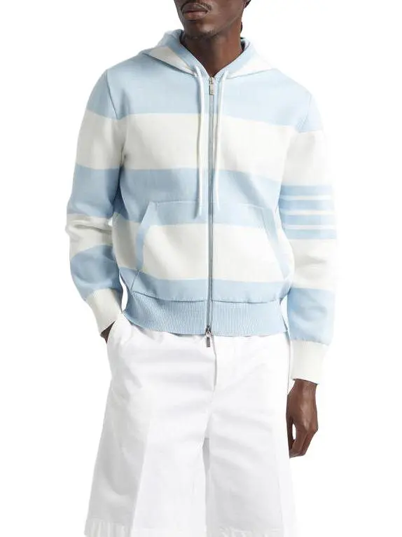Thom Browne Hector Rugby Stripe Zip Hoodie - Light Blu