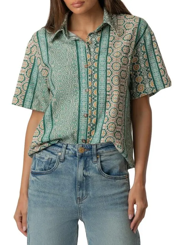 Kut From The Kloth Aida Stretch Cotton Blend Short Sleeve Button-up Top - Canterbury-jungle/sand