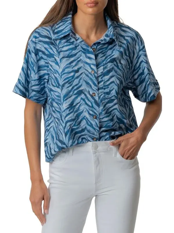 Kut From The Kloth Aida Stretch Cotton Blend Short Sleeve Button-up Top - Wolver Hampton Navy
