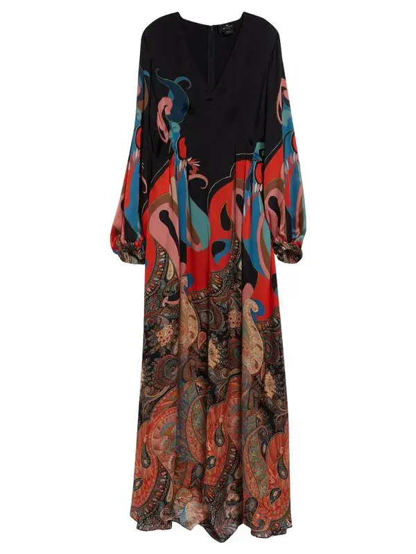 Etro Paisley Long Sleeve Silk Maxi Dress - Printed Black Base