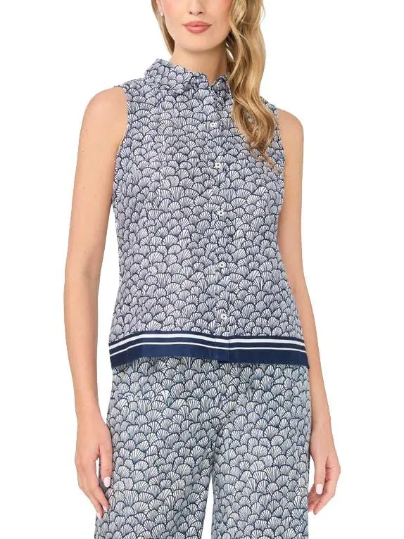 CECE DUPRAZ Shell Print Stretch Cotton Button-up Top - Classic Navy