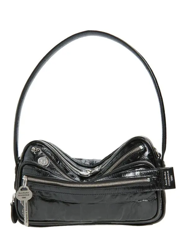 Acne Studios Croc Embossed Leather Shoulder Bag - Black