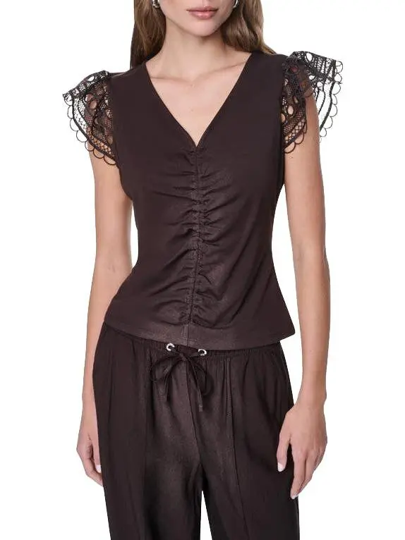 Dkny Center Ruched Lace Sleeve Cotton Blend Top - Tobacco