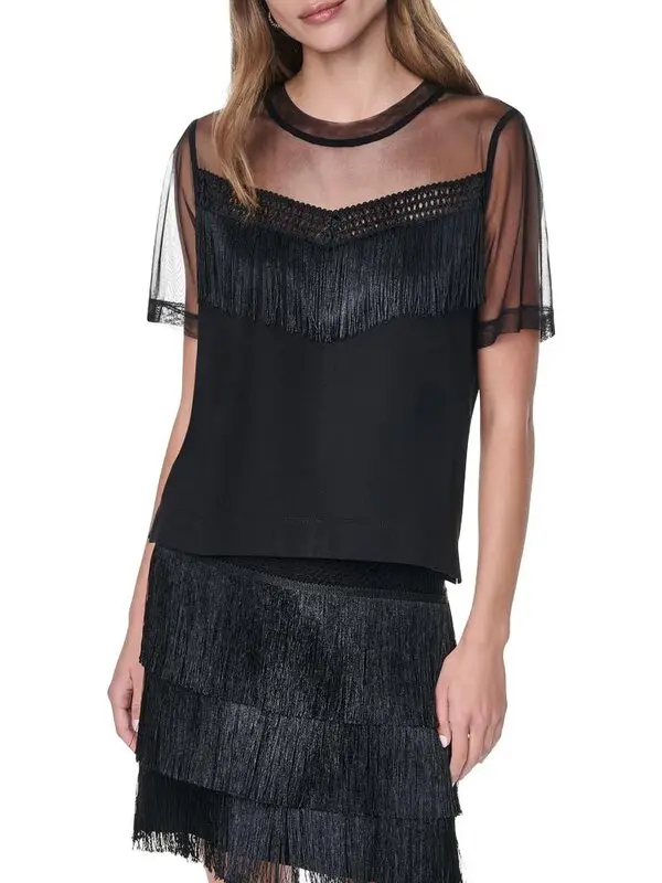 Dkny Fringe Detail Cotton Blend Mesh Top - Black