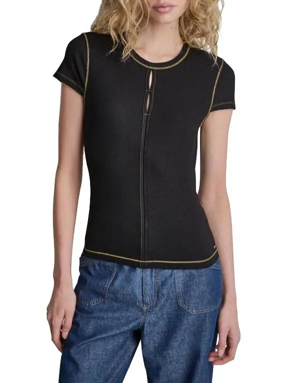 Dkny Ribbed Knit Top With Contrast Stitching And Cutout Detail - Black