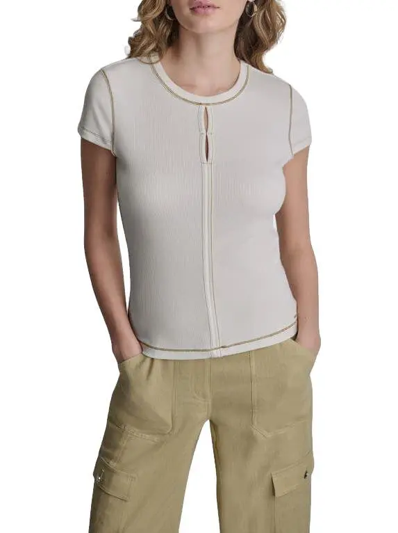 Dkny Ribbed Knit Top With Contrast Stitching And Cutout Detail - Coconut