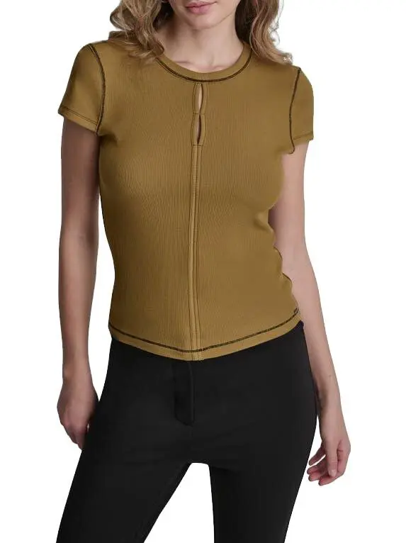 Dkny Ribbed Knit Top With Contrast Stitching And Cutout Detail - Dune