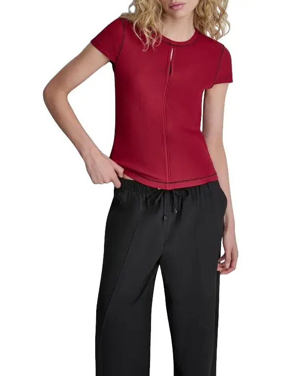 Dkny Ribbed Knit Top With Contrast Stitching And Cutout Detail - Rhythm Red