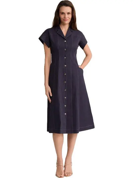 Ming Wang Fit & Flare Contrast Stitch Cotton Maxi Dress - Indigo/white