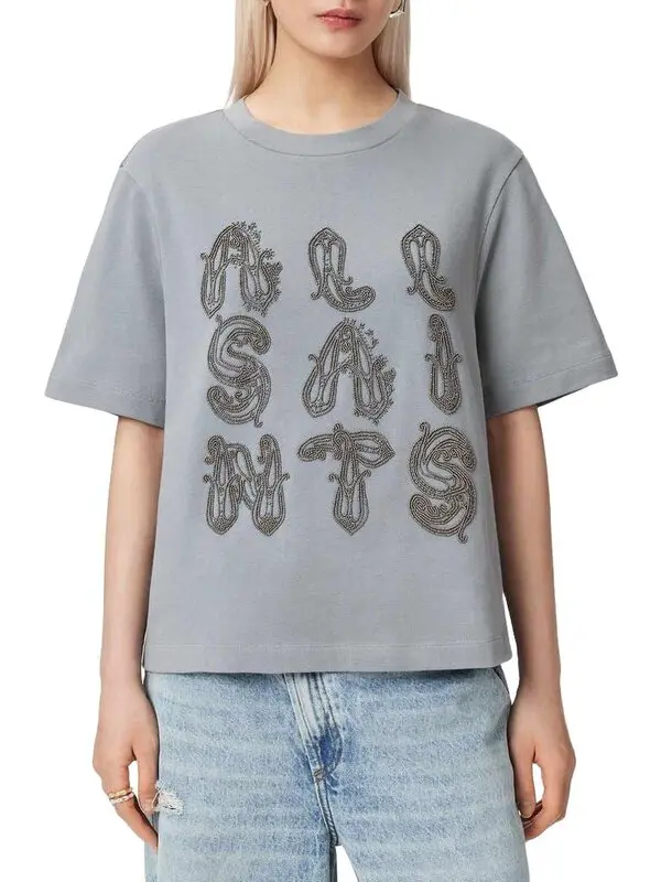 ALLSAINTS Ella Lisa Beaded Cotton T-shirt - Quarry Blue
