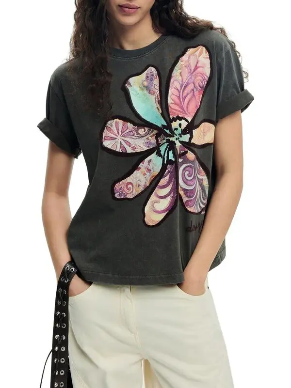 Desigual Floral Cotton Graphic T-shirt - Dark Grey