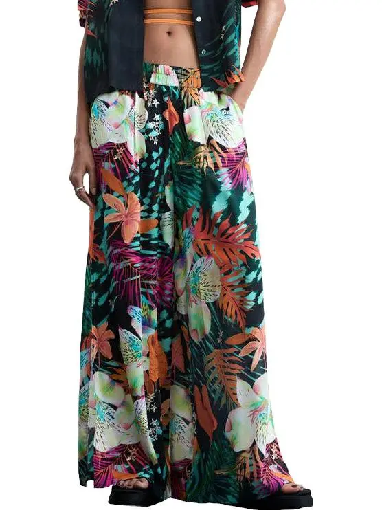 Desigual Tropical Print Wide Leg Trousers - Black