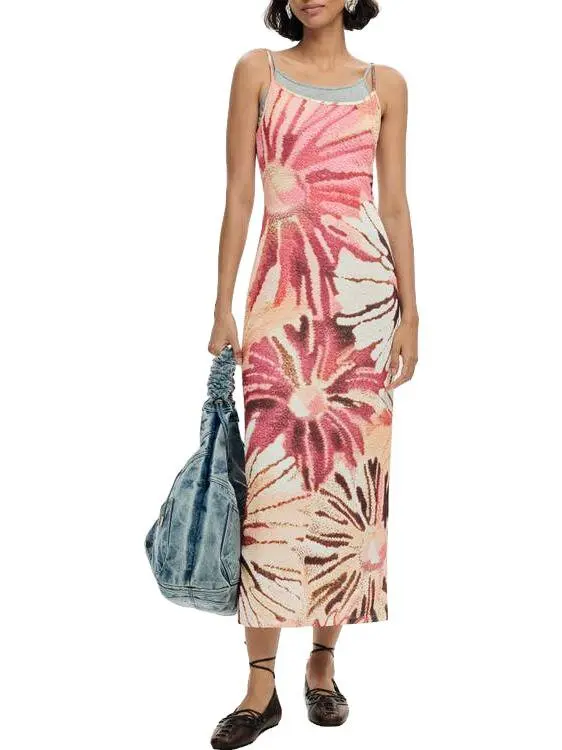 Desigual Floral Print Layered Dress Set - Orange/pink