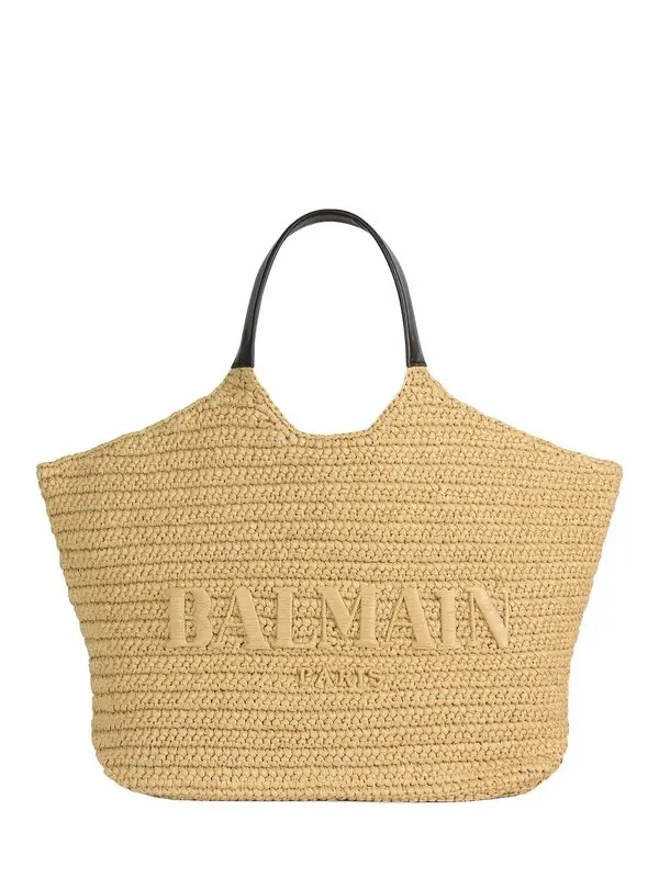 Balmain Crochet Tote Bag With Embossed Logo - Beige