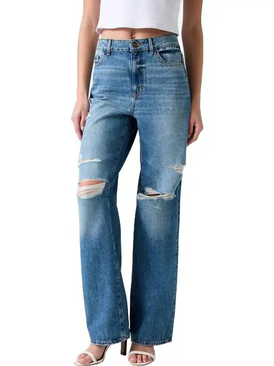 Guess High Waist Ripped Straight Leg Jeans - Blue