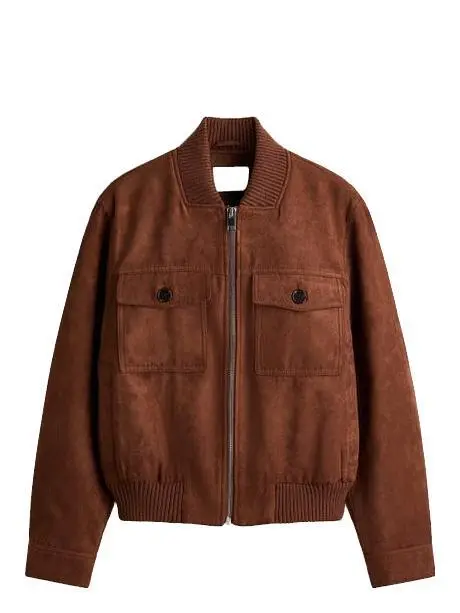 H&m Napped Finish Bomber Jacket With Stand Collar And Zip Closure - Brown