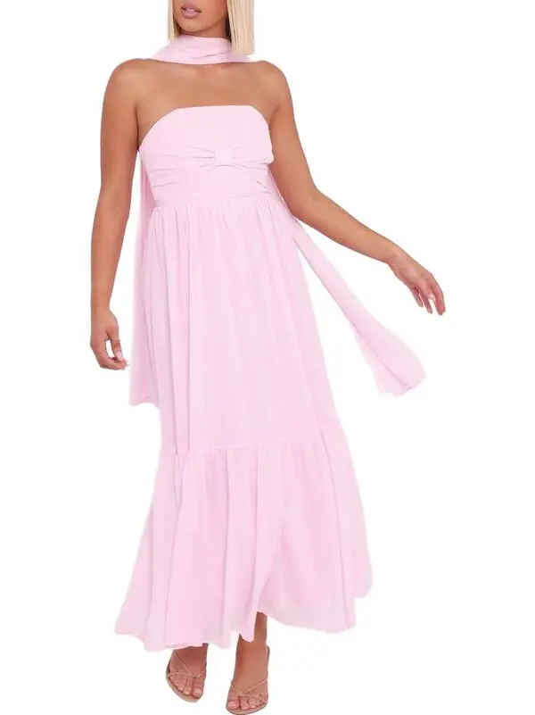 PETAL & PUP Celestria Strapless Chiffon Maxi Dress With Bow Detail - Pink