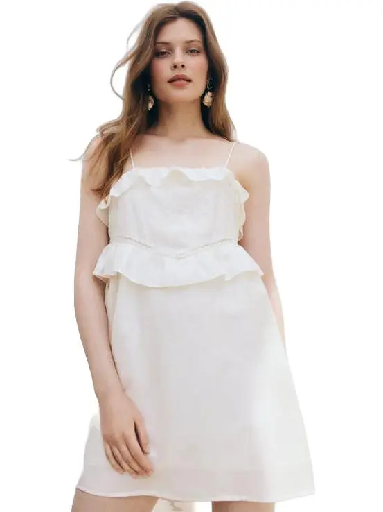H&m Ruffled Strappy Embroidered Mini Dress - Cream