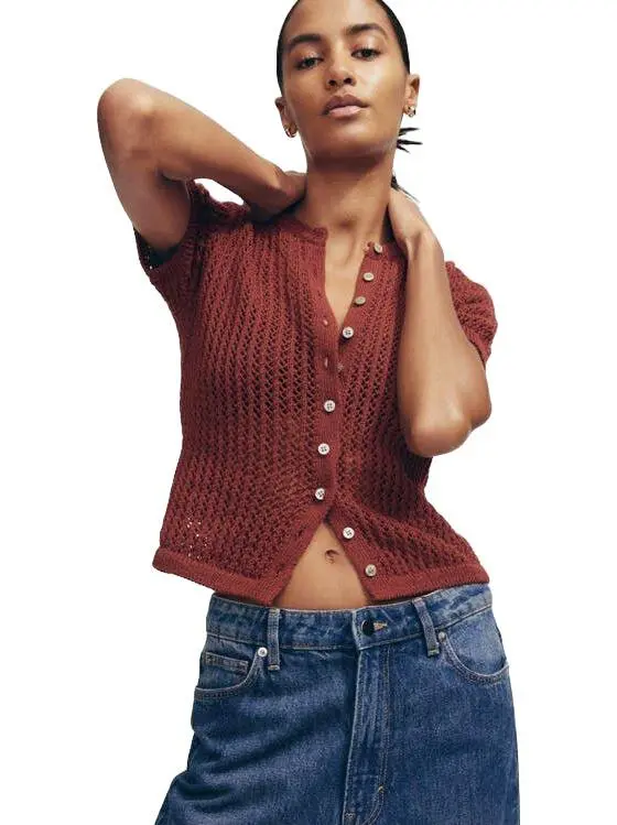 H&m Pointelle-knit Cardigan - Dark Rust Red