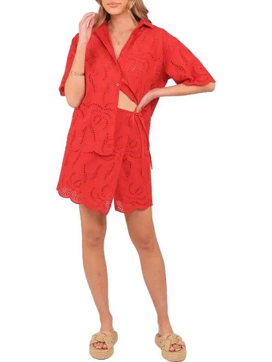 PETAL & PUP Cotton Eyelet Button-up Shirt And Wrap Skirt Set - Red