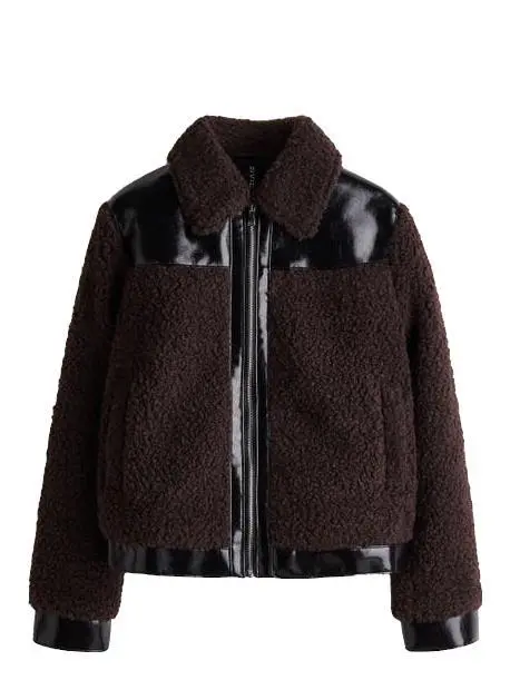 H&m Teddy Jacket With Coated Details - Dark Brown