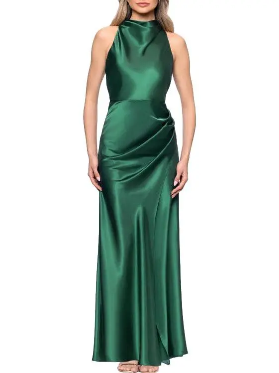 Betsy & Adam Ruched Sleeveless Satin Charmeuse Gown - Hunter