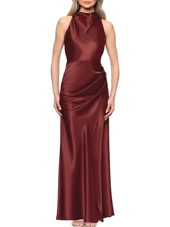 Betsy & Adam Ruched Sleeveless Satin Charmeuse Gown - Nutmeg