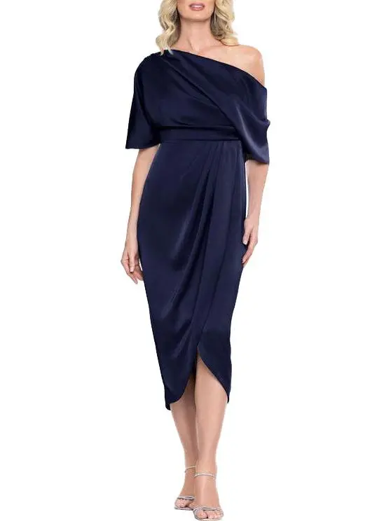Betsy & Adam One-shoulder Satin Cocktail Dress - Navy