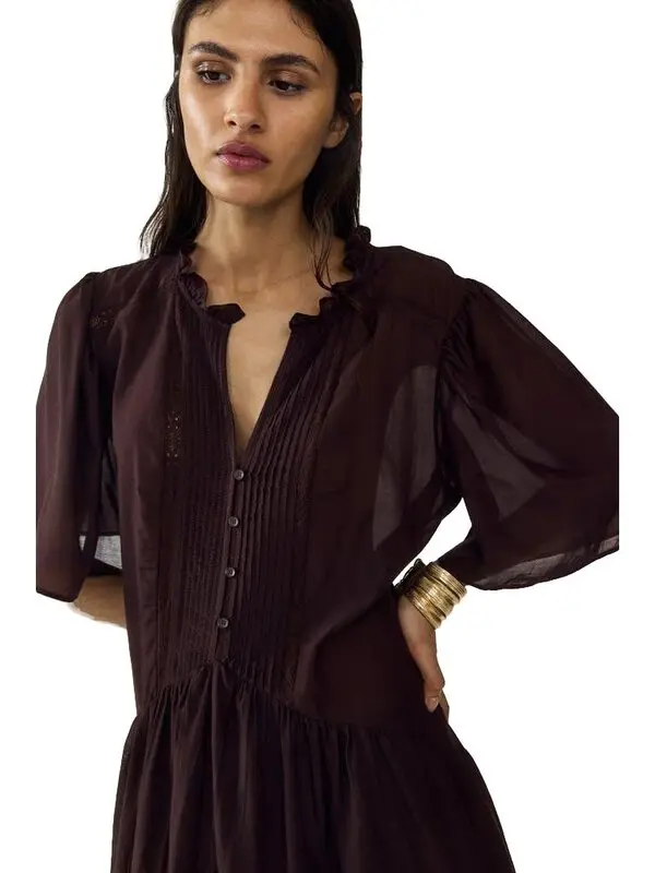 H&m Viscose-blend Tunic Dress With Pintucks And Ruffled Collar - Dark Brown