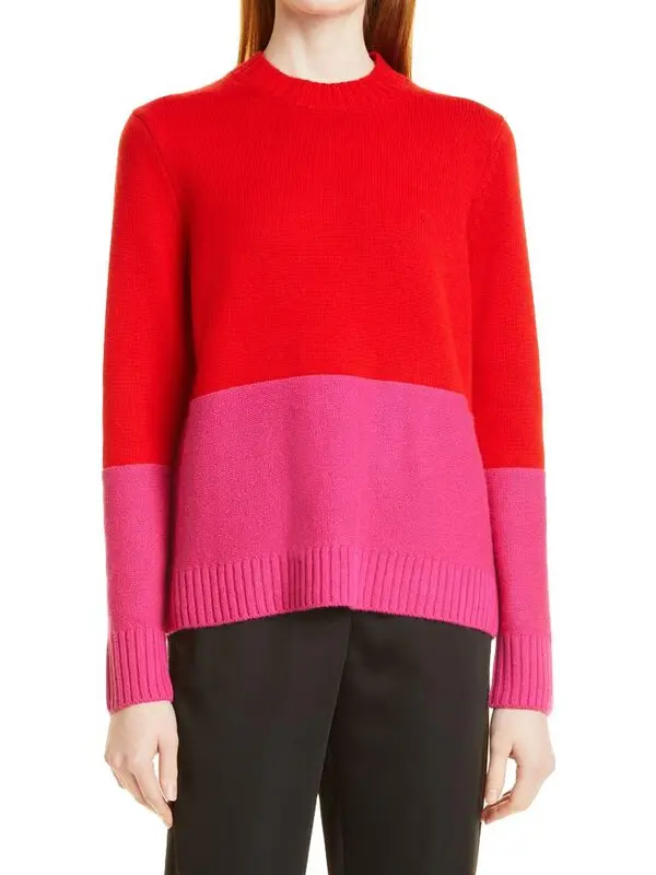 MILLY Colorblocked Wool & Cashmere Crewneck Sweater - Real Red/shock Pink