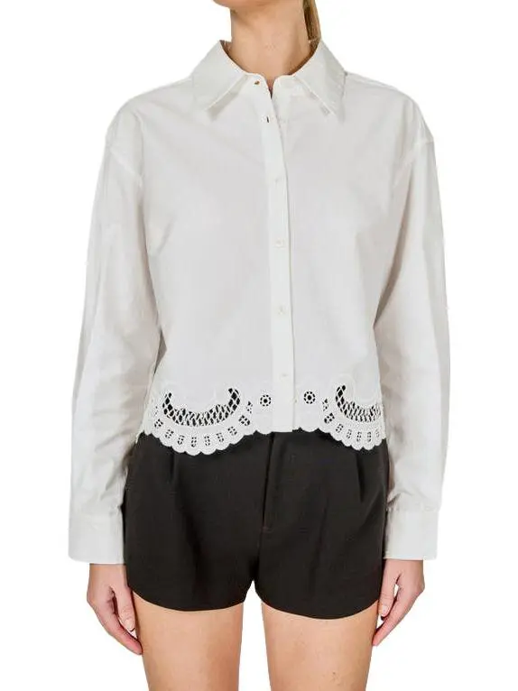 Endless Rose Embroidered Hem Button-up Shirt - White