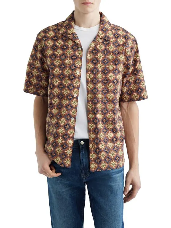 WAX LONDON Didicot Cotton Seersucker Camp Shirt - Rust/multi