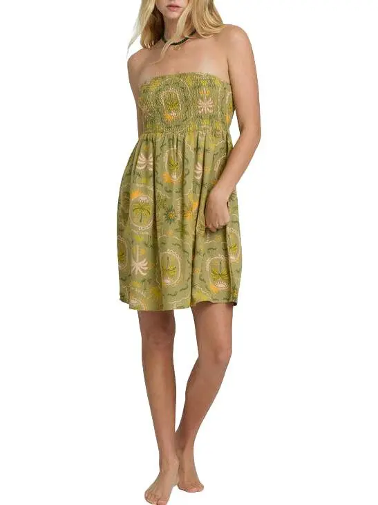 BILLABONG Smocked Strapless Mini Dress With Tropical Print - Cedar