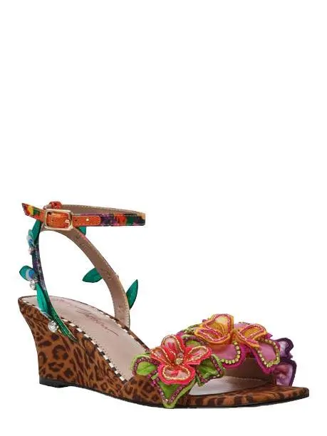 Betsey Johnson Spenser Embellished Ankle Strap Wedge Sandals - Leopard Multi