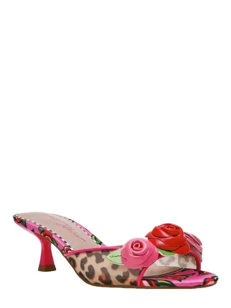 Betsey Johnson Floral Embellished Leopard Print Mules - Fushia/rose