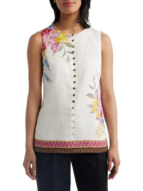Elie Tahari Annalise Linen Blend Blouse - Tiara Garden Print
