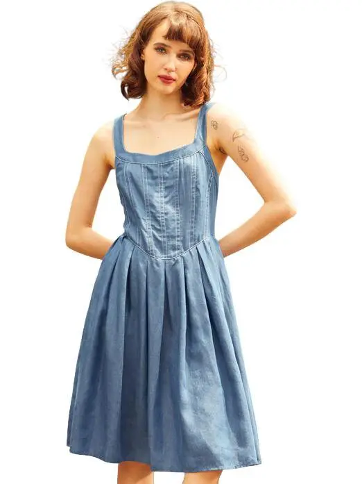 MODCLOTH Chambray Corset Dress With Flowy Skirt - Vintage Blue