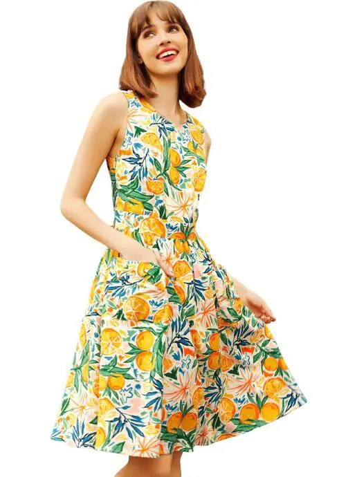 MODCLOTH Citrus Print Sleeveless Fit & Flare Dress With Pockets - Sweet Orange Spritz