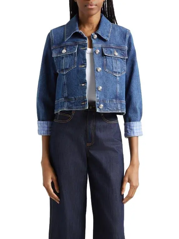 Cinq À Sept Lexie Cropped Denim Jacket With Contrast Cuffs - Bleu Crush/ultramarine Multi