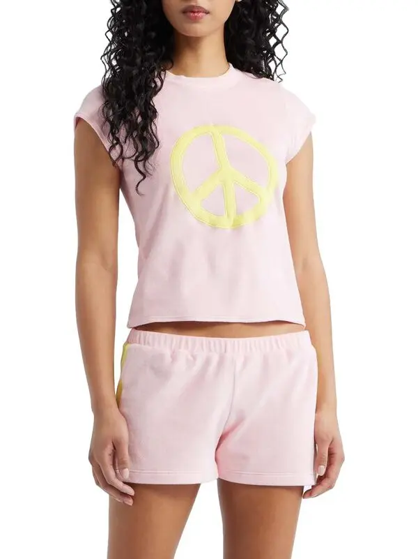 BELLA VENICE Peace Graphic Velour Crop T-shirt - Pink