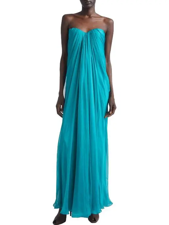 Alexander McQueen Draped Strapless Silk Chiffon Gown - Peacock