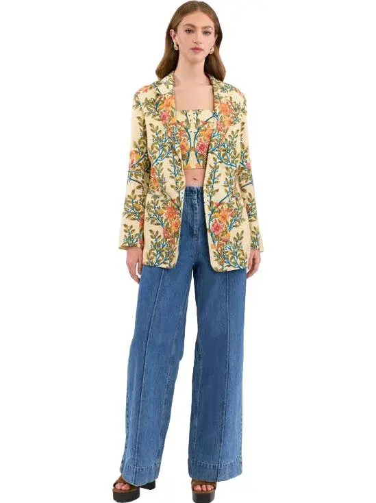 Rebecca Taylor Cleo Printed Linen Blend Blazer - Buttercream Multi