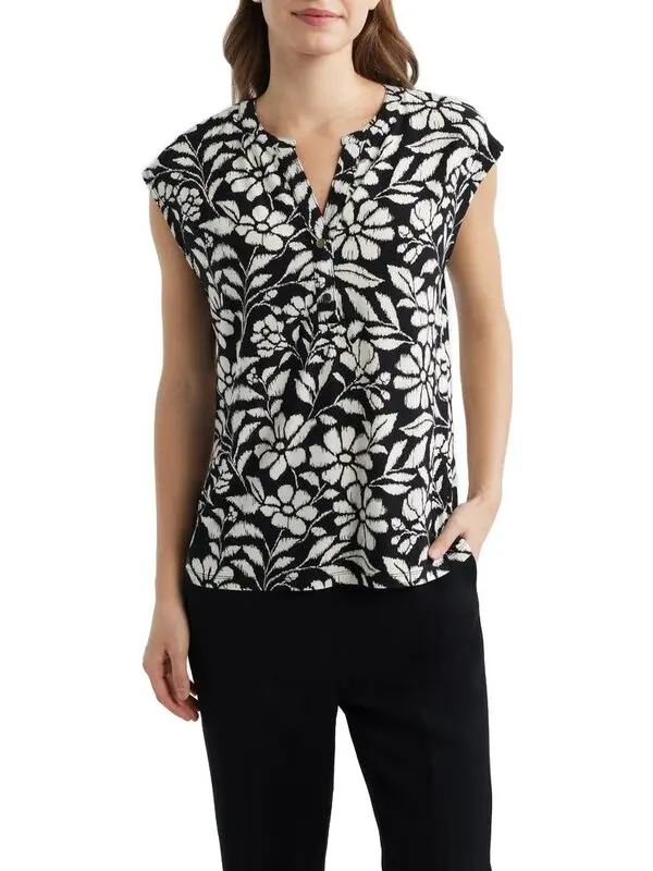 Anne Klein Sleeveless Floral Knit Top With Band Collar - Anne Black/white Dove
