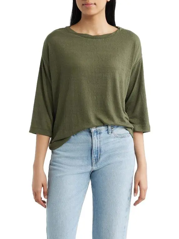 CITY BLUES Textured Knit Top With Dropped Shoulders And Three-quarter Sleeves - Olive