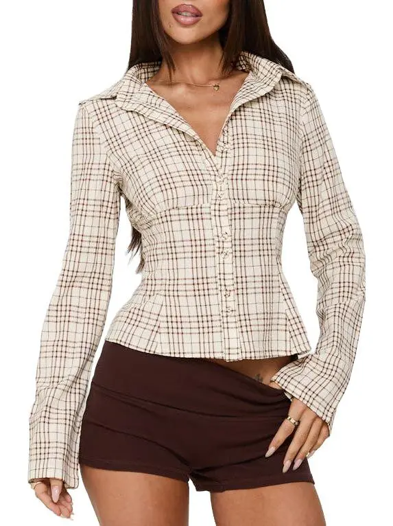 Princess Polly Cottesloe Plaid Cotton Button-up Shirt - Brown Check