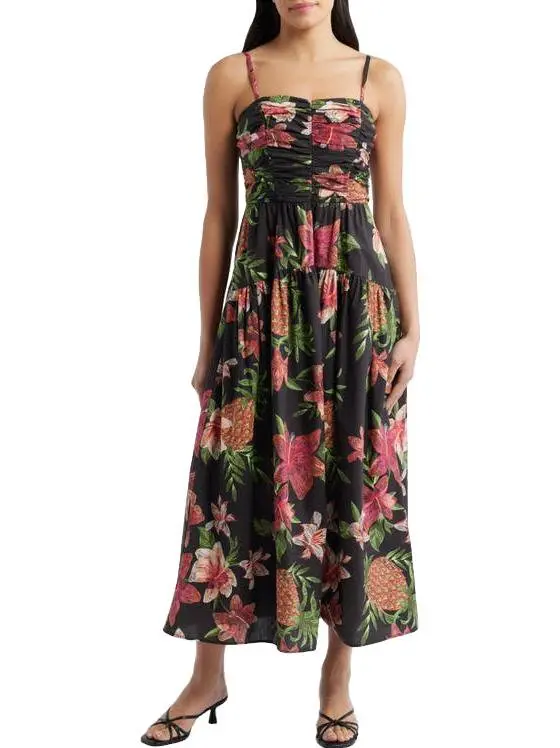 Vince Camuto Floral Square Neck Ruched Cotton Midi Dress - Black Multi