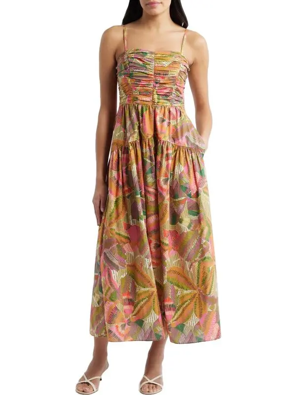 Vince Camuto Pleated Cotton Poplin Maxi Sundress - Green Mult