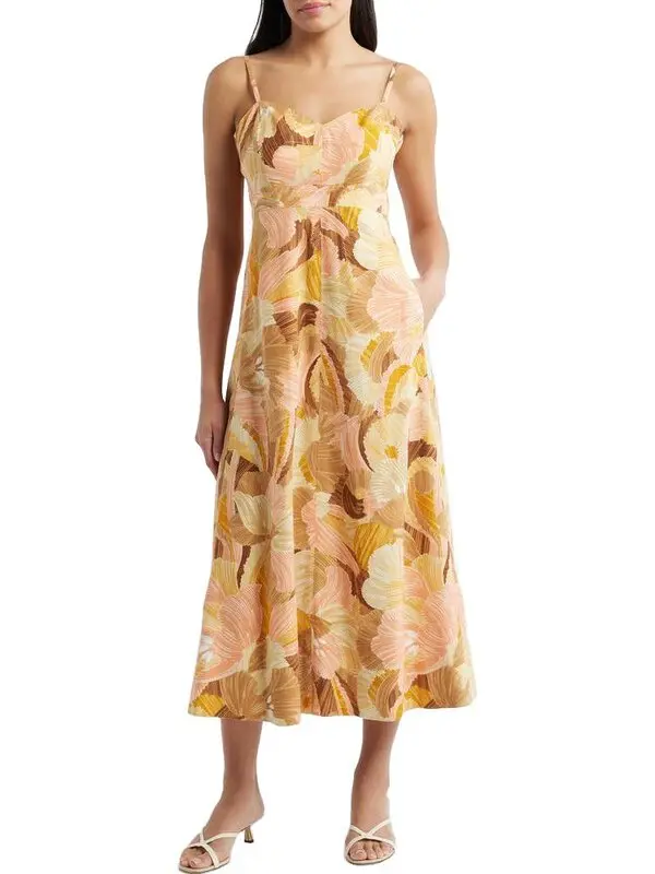 Vince Camuto Floral Linen Blend Midi Dress - Brown Mult