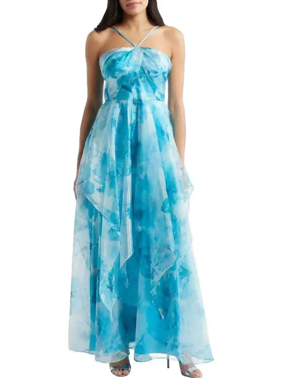 Eliza J Halterneck Evening Gown With Handkerchief Skirt - Blue Multi